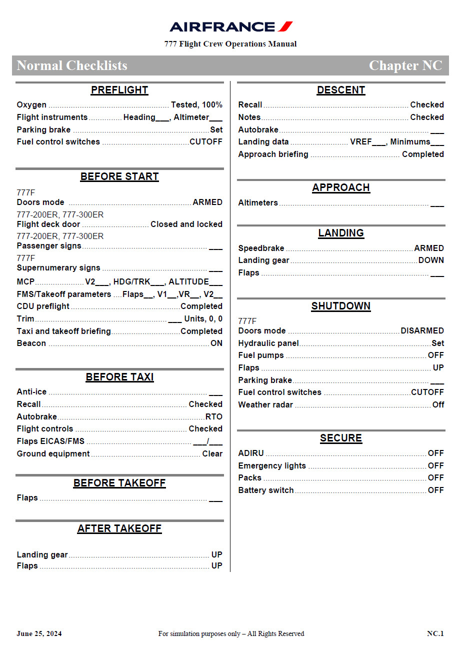 BOEING 777 - Normal checklist (official) for Microsoft Flight Simulator ...