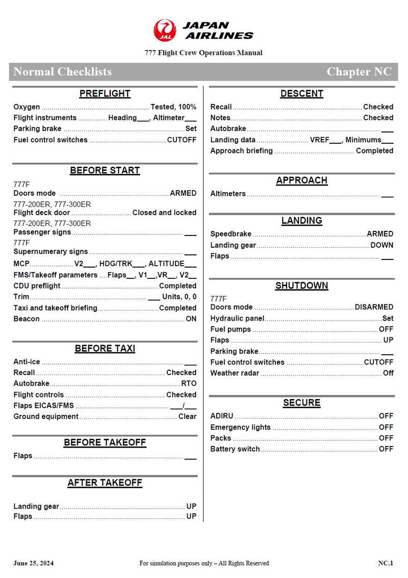 BOEING 777 - Normal checklist (official) for Microsoft Flight Simulator | MSFS