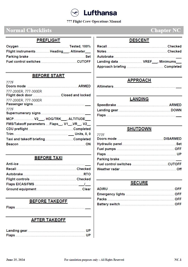 BOEING 777 - Normal checklist (official) for Microsoft Flight Simulator ...