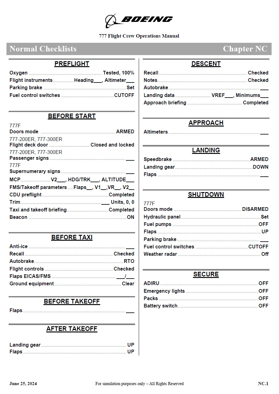 BOEING 777 - Normal checklist (official) for Microsoft Flight Simulator | MSFS