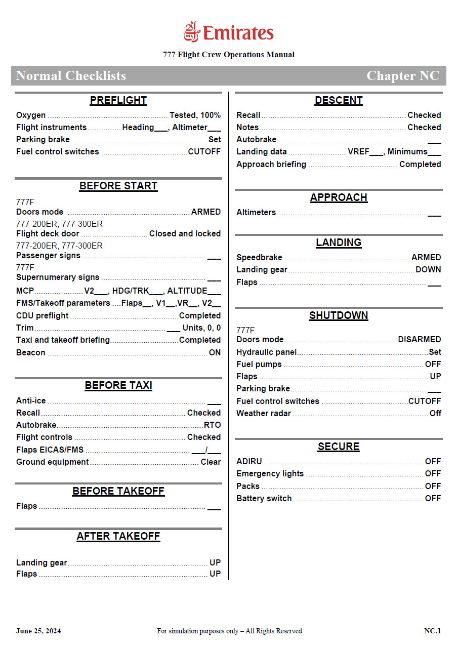 BOEING 777 - Normal checklist (official) for Microsoft Flight Simulator ...