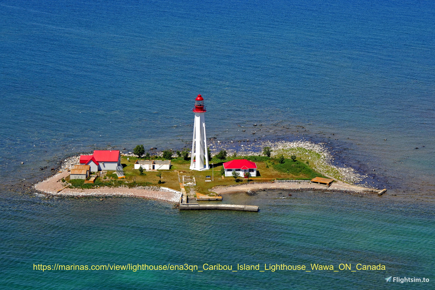 Caribou Island Lighthouse, buildings, and float plane dock, Ontario for ...