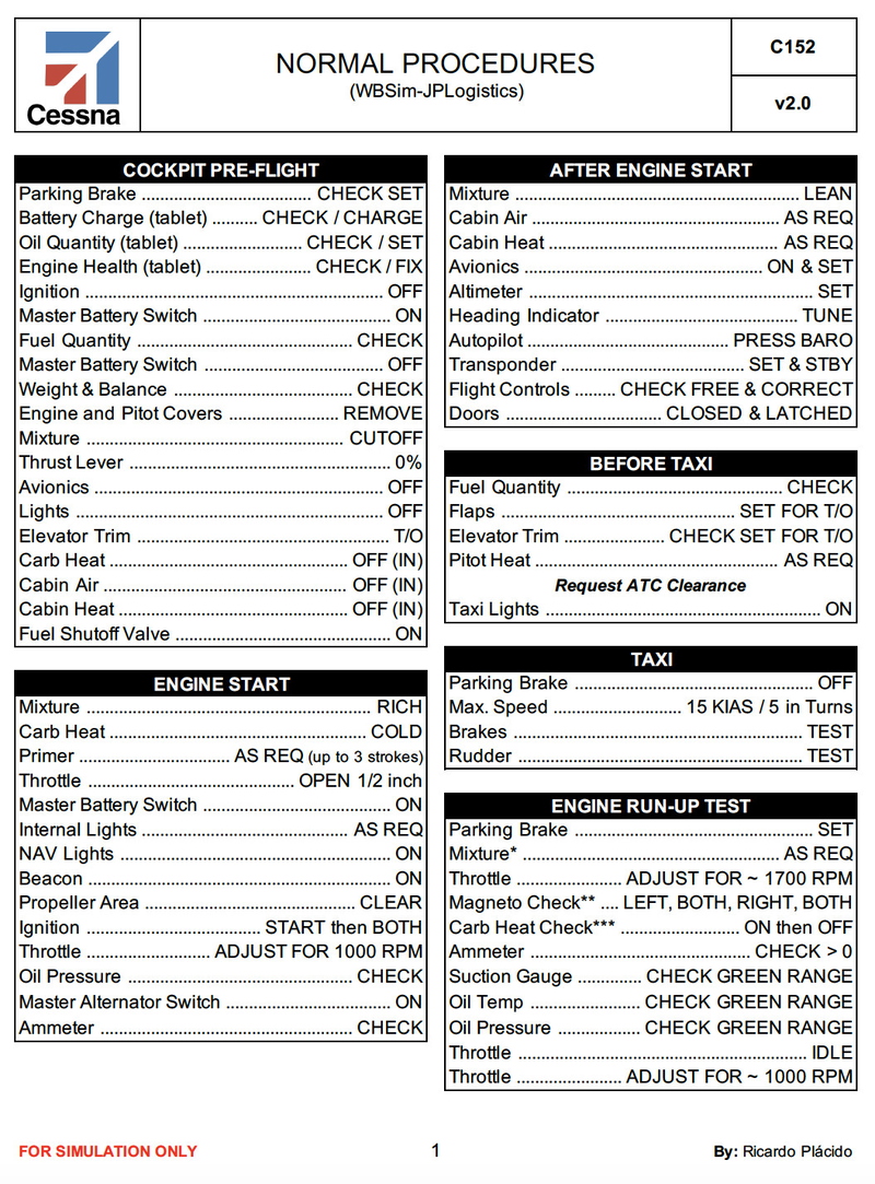 Checklists for Cessna 152 on Microsoft Flight Simulator