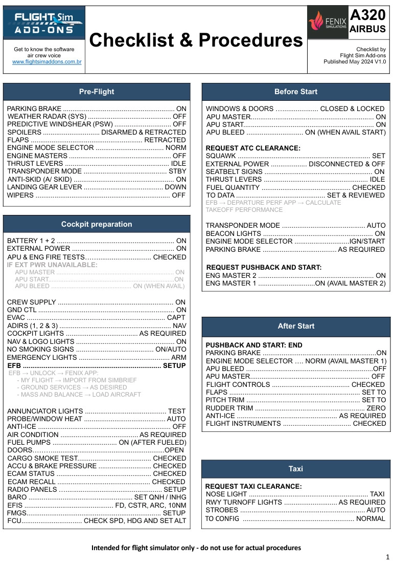Checklist A320 Fenix for Microsoft Flight Simulator | MSFS