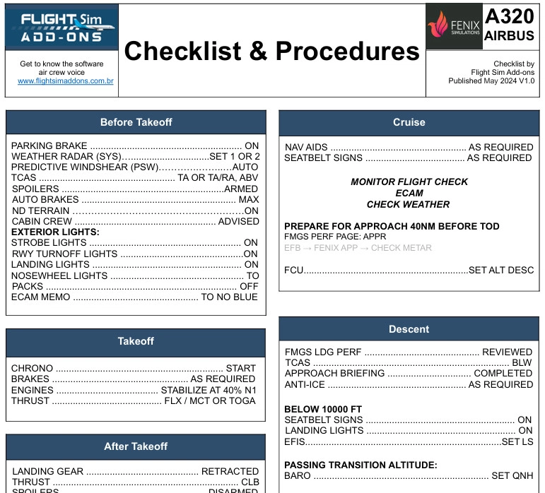 Checklist A320 Fenix for Microsoft Flight Simulator | MSFS
