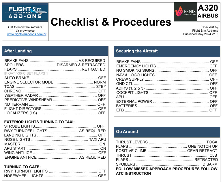 Checklist A320 Fenix for Microsoft Flight Simulator | MSFS