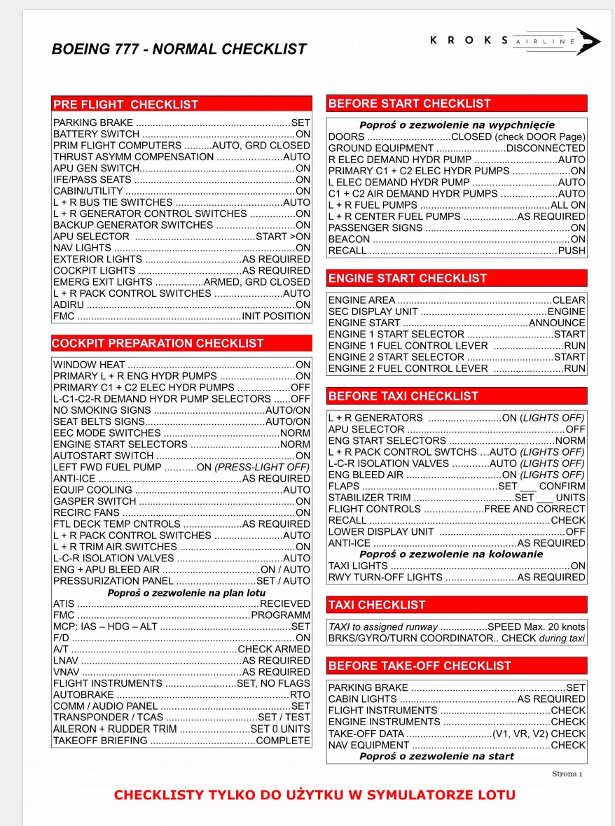 CHECKLIST BOEING 777 - KROKS AIRLINES for Microsoft Flight Simulator | MSFS