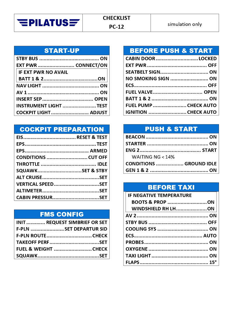 Checklist PC-12 for Microsoft Flight Simulator | MSFS