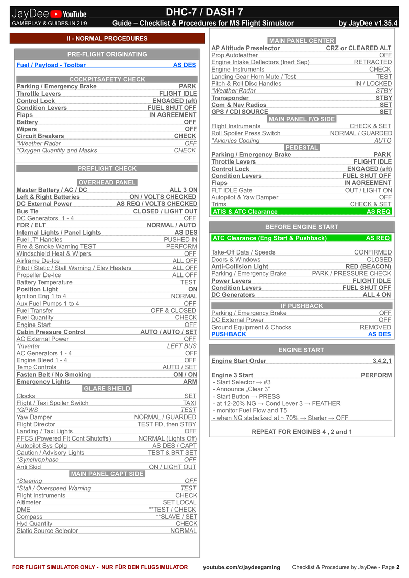 Dash 7 / DHC 7 - Checklist & Procedures for Microsoft Flight Simulator ...