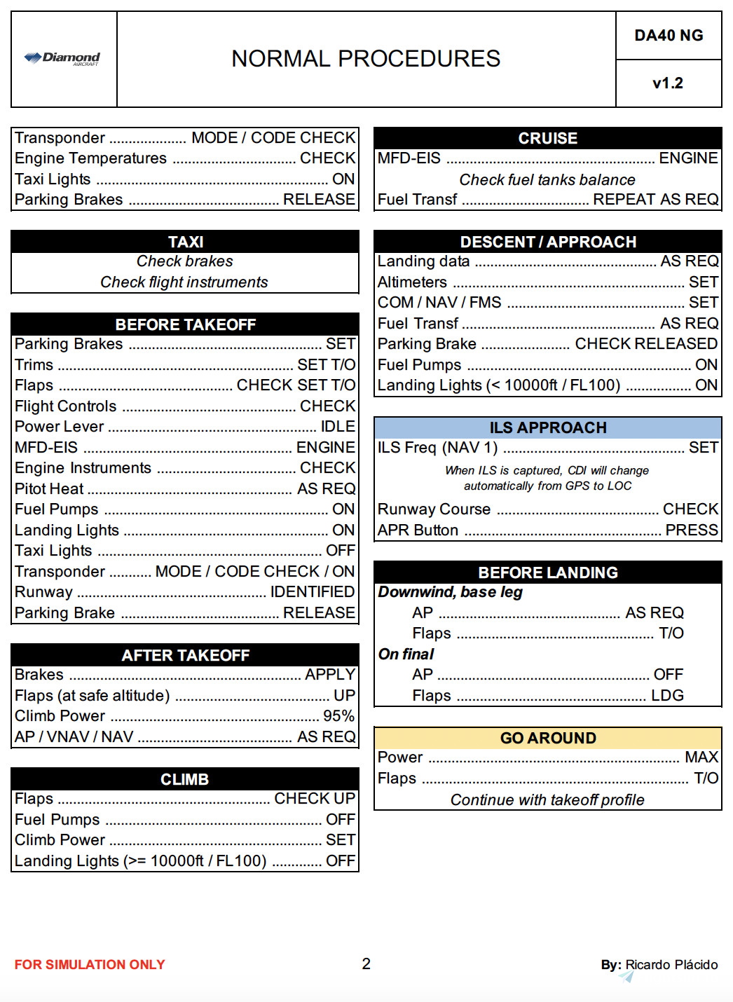 Diamond DA40 NG Normal Procedures for Microsoft Flight Simulator | MSFS