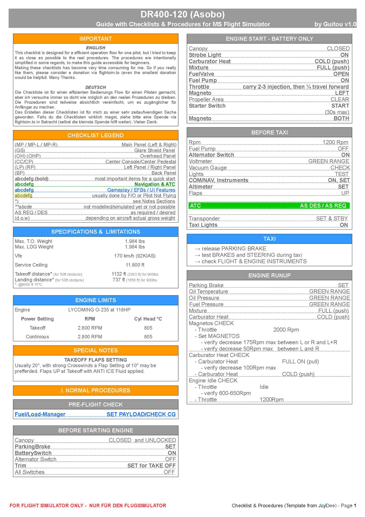 DR400-120 - Checklist & Procedures pour Microsoft Flight Simulator | MSFS