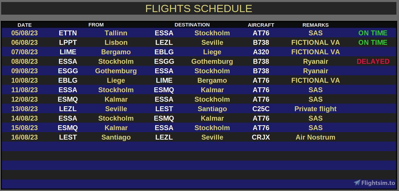 Flights Schedule Excel Sheet for Microsoft Flight Simulator | MSFS