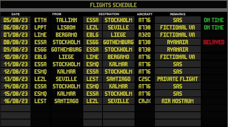 Flights Schedule Excel Sheet For Microsoft Flight Simulator Msfs 