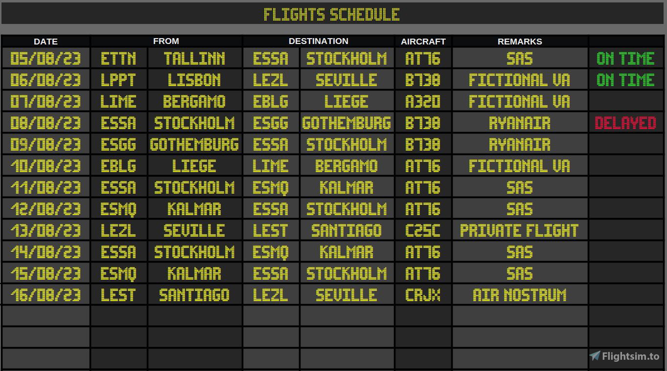 Flights Schedule Excel Sheet for Microsoft Flight Simulator | MSFS