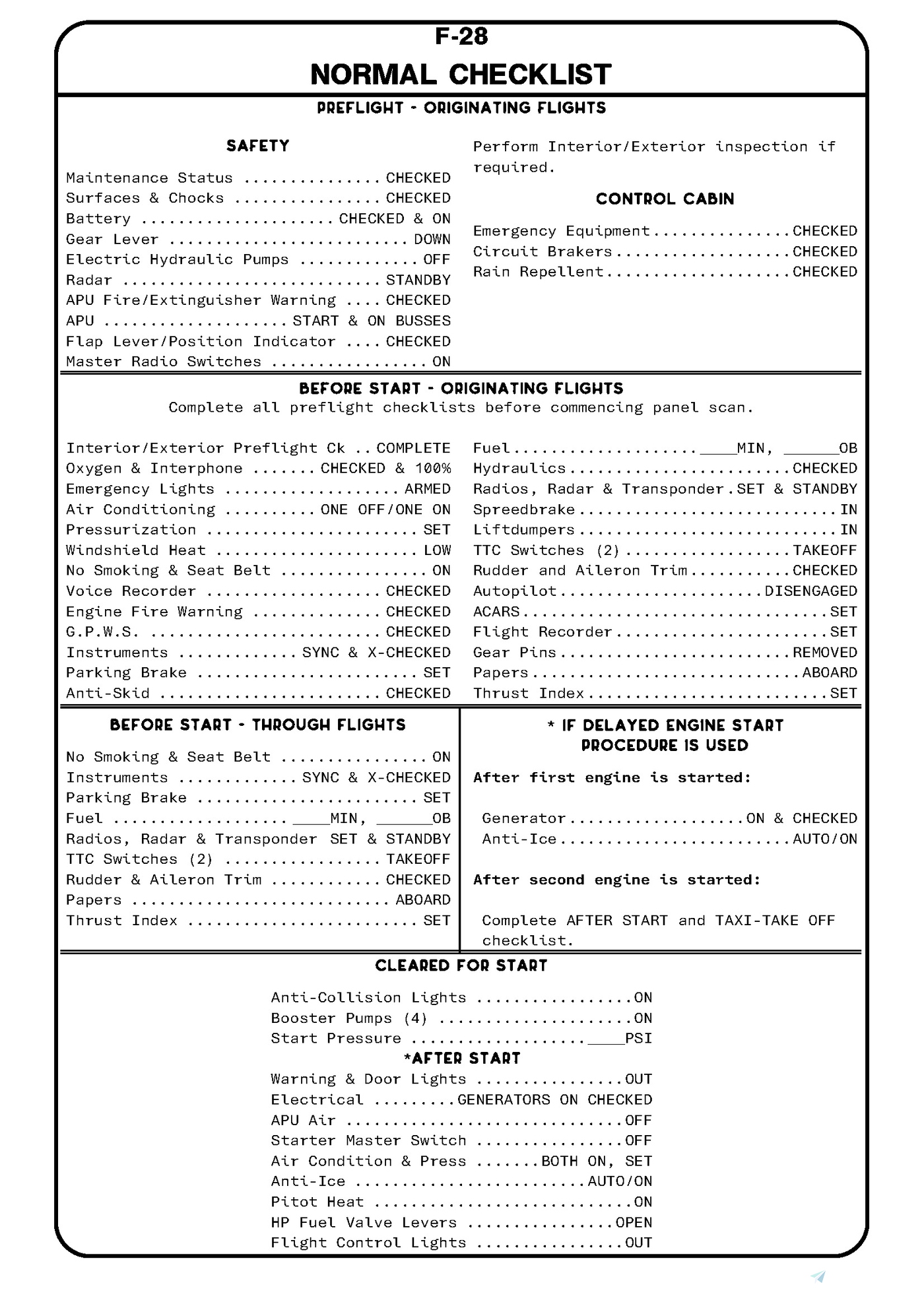 Fokker F28 - Checklist for Microsoft Flight Simulator | MSFS