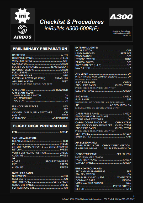 iniBuilds A300 Checklist for Microsoft Flight Simulator | MSFS