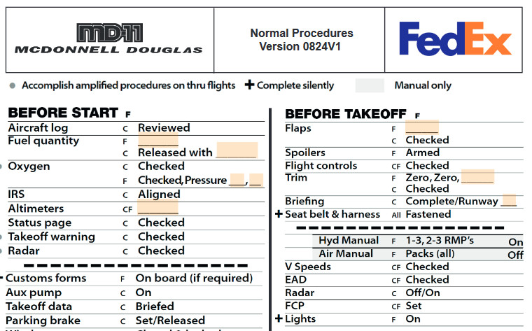 MD11F Fedex Checklist 对于 Microsoft Flight Simulator | MSFS