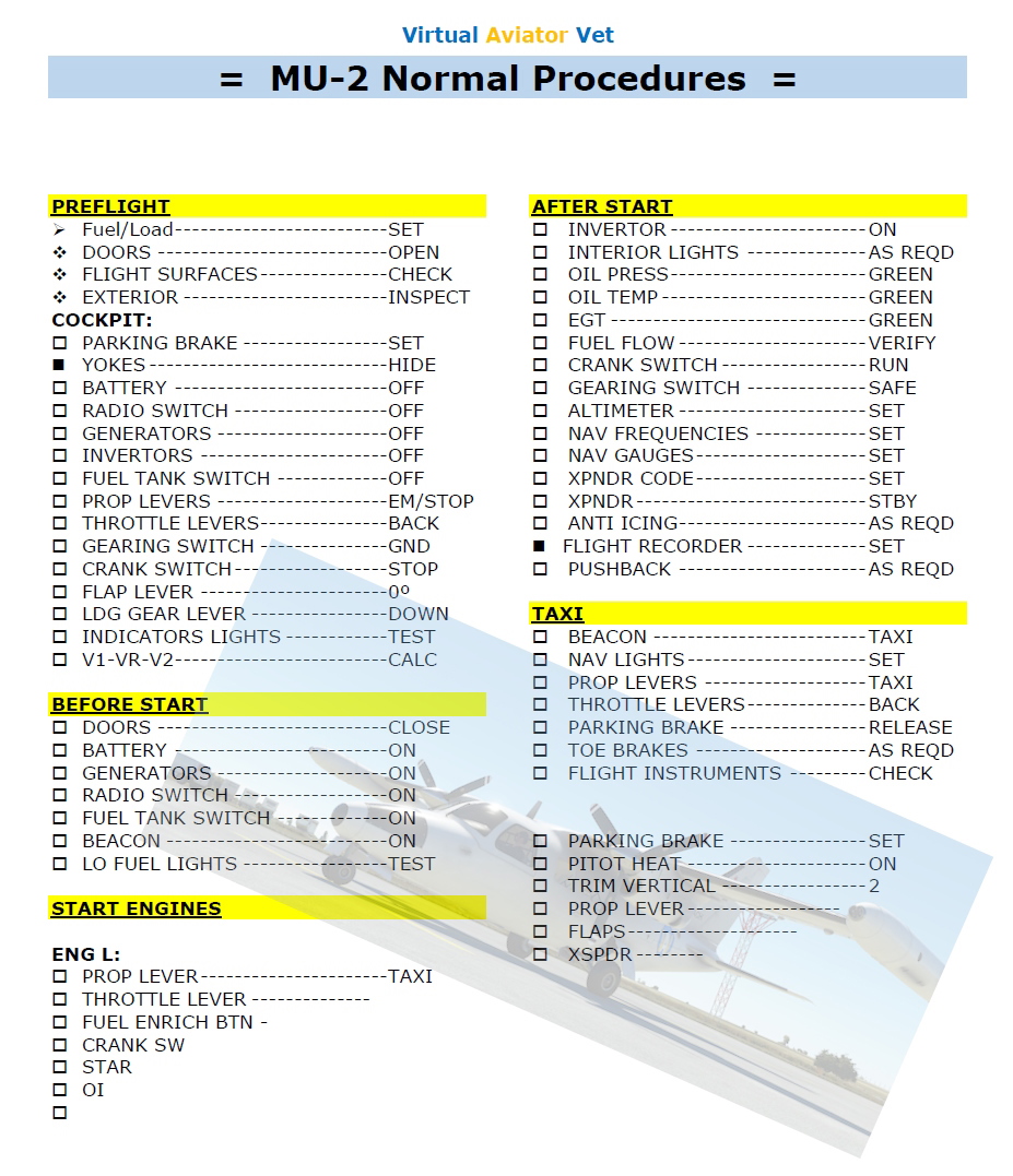 Mitsubishi MU-2 Checklist and Controls för Microsoft Flight Simulator ...