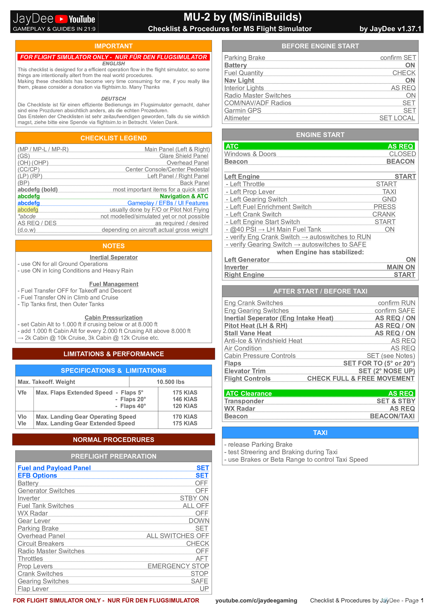 MU-2 - Checklist & Procedures for Microsoft Flight Simulator | MSFS