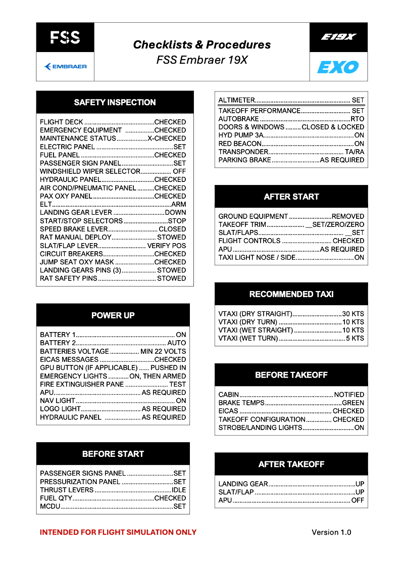 Normal Checklist for E190-E195 for Microsoft Flight Simulator | MSFS