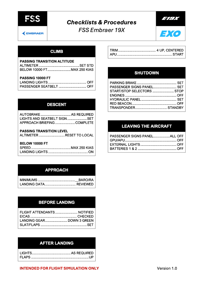 Normal Checklist for E190-E195 for Microsoft Flight Simulator | MSFS