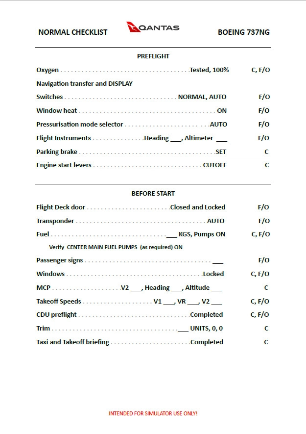Checklists for PMDG Boeing 737-800 on Microsoft Flight Simulator