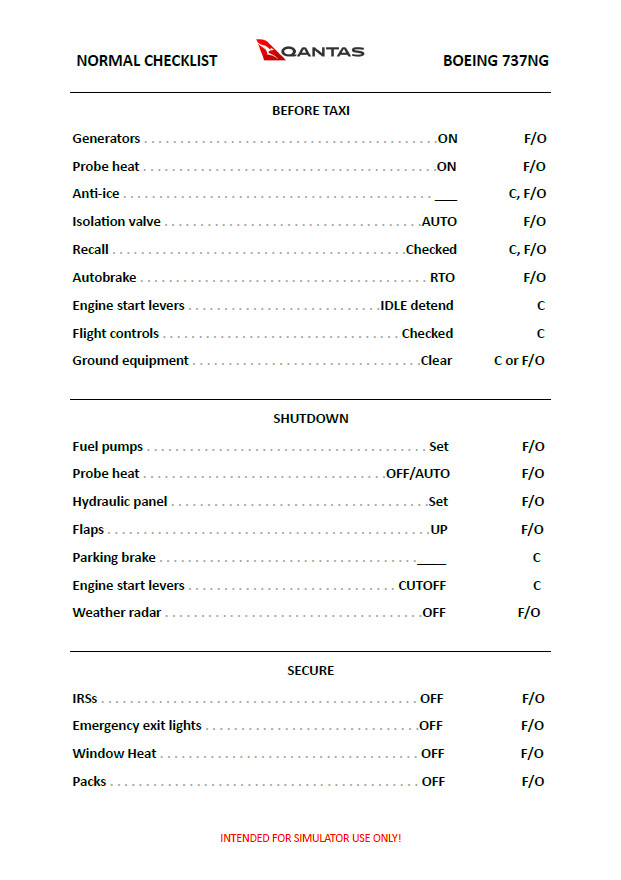 Qantas Boeing 737-800 Checklist pour Microsoft Flight Simulator | MSFS