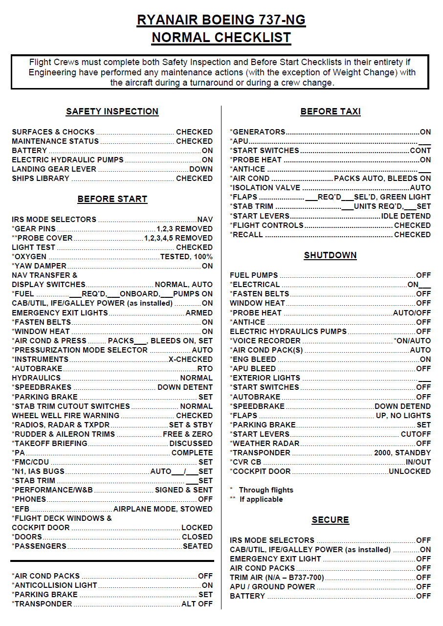 RYANAIR B737 NG - Normal checklist (official) for Microsoft Flight ...