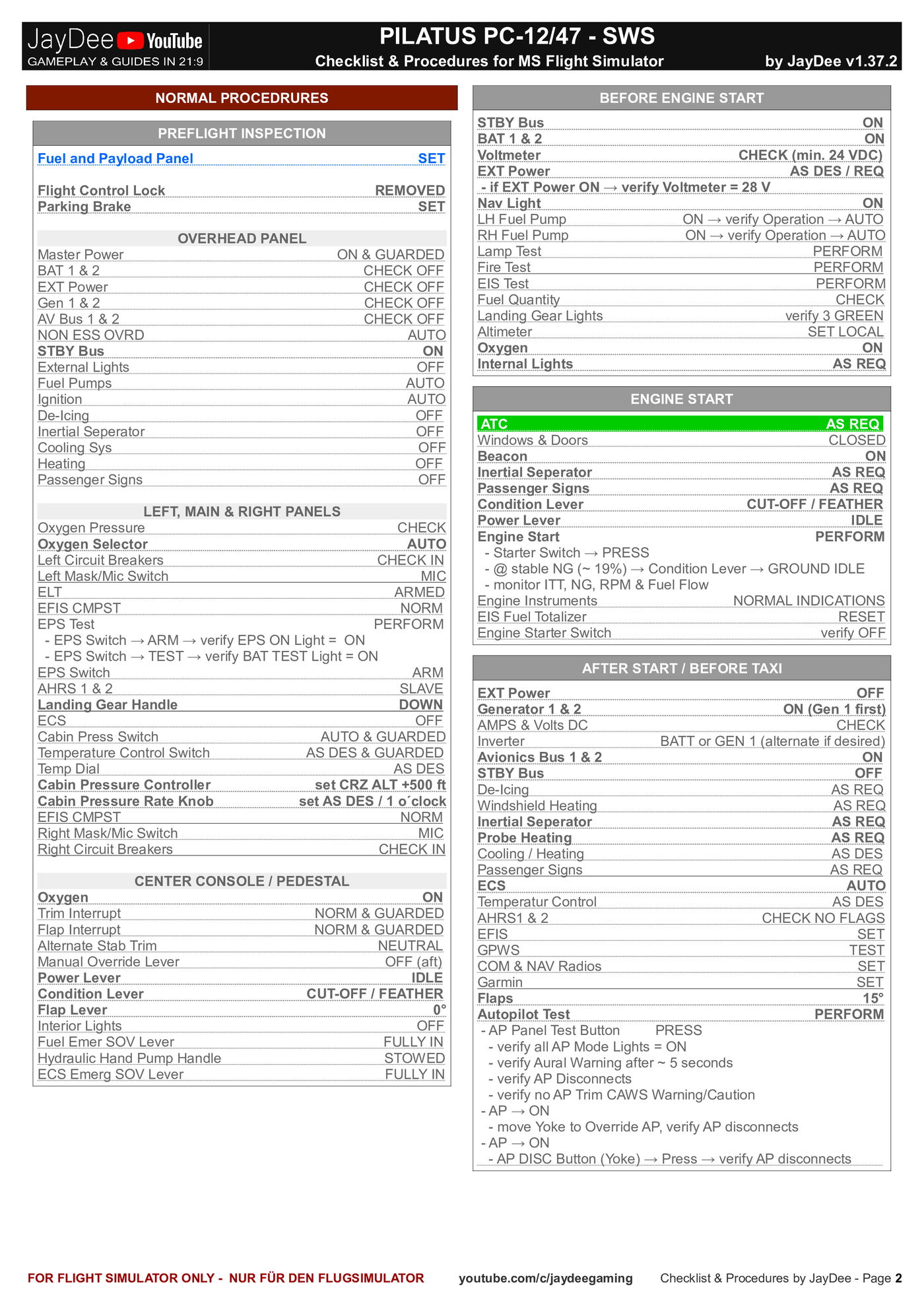 SimWork Studios Pilatus PC-12/47 - Checklist & Procedures 对于 Microsoft ...