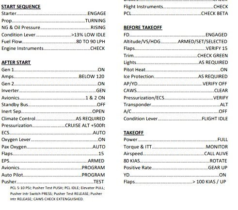 SWS PC12 Normal Operations Checklist for Microsoft Flight Simulator | MSFS