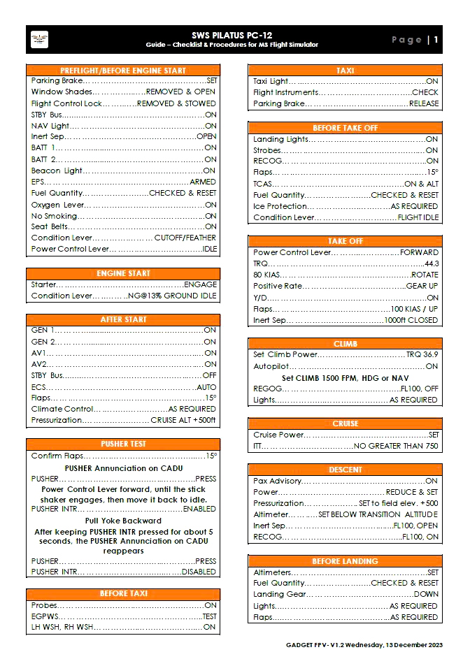 SWS Pilatus PC12 Checklist for Microsoft Flight Simulator | MSFS