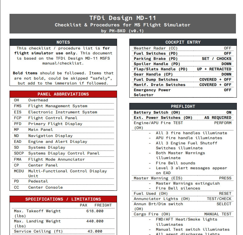 Checklists for TFDi Design MD-11 on Microsoft Flight Simulator