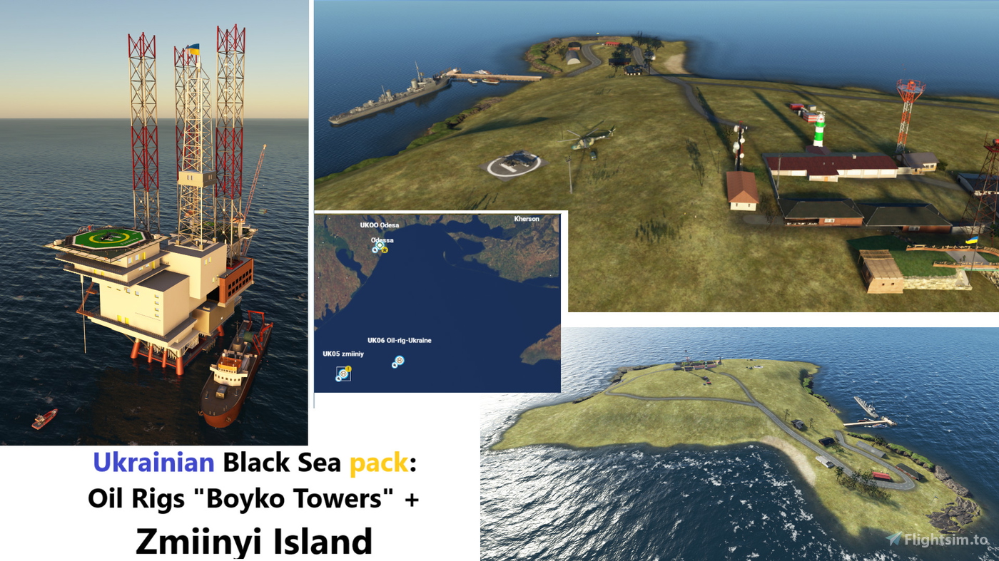 Zmiiniy Island with Helipad UK05 + "Boyko Towers" UK06 oil rigs with ...