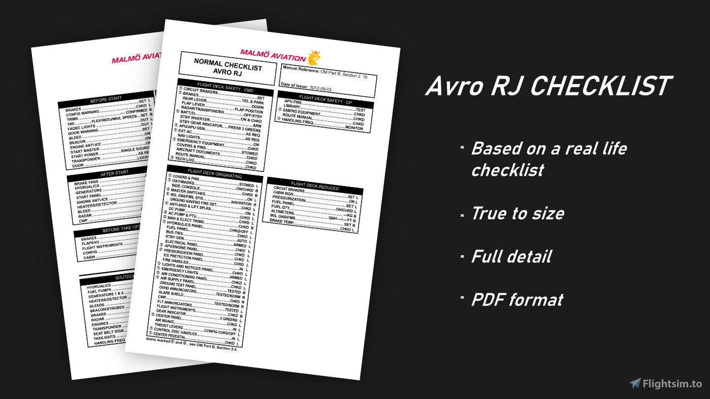 Avro RJ complete checklist - Malmö Aviation (SCW) for Microsoft Flight ...