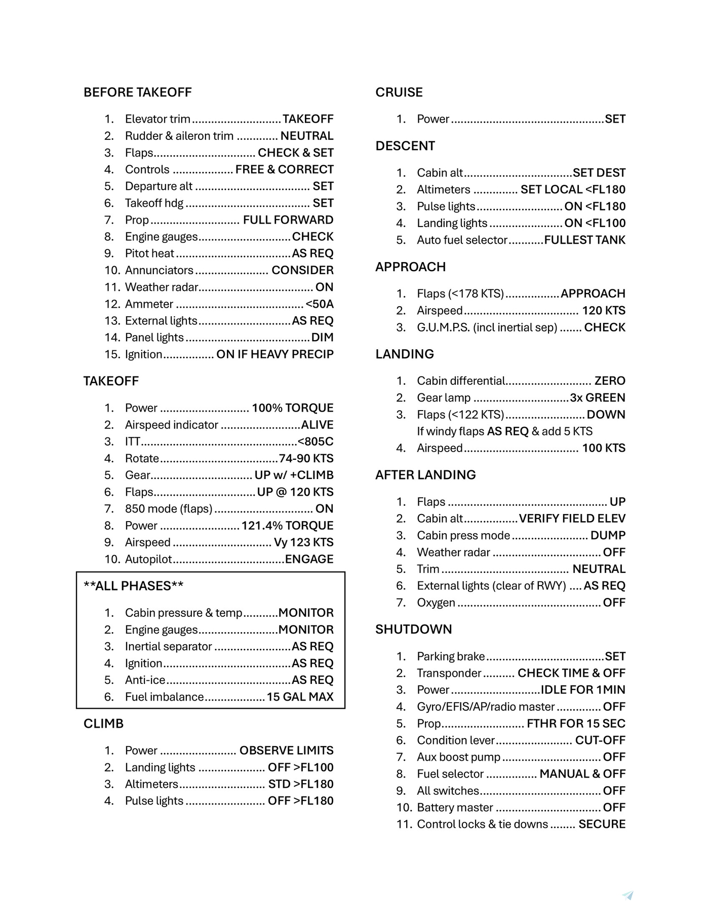 TBM 850 Custom Checklist for Microsoft Flight Simulator | MSFS