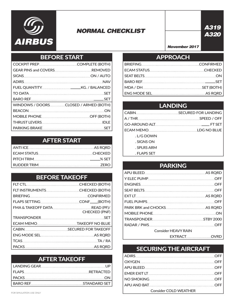 A319/A320/A321 Checklist for Microsoft Flight Simulator | MSFS