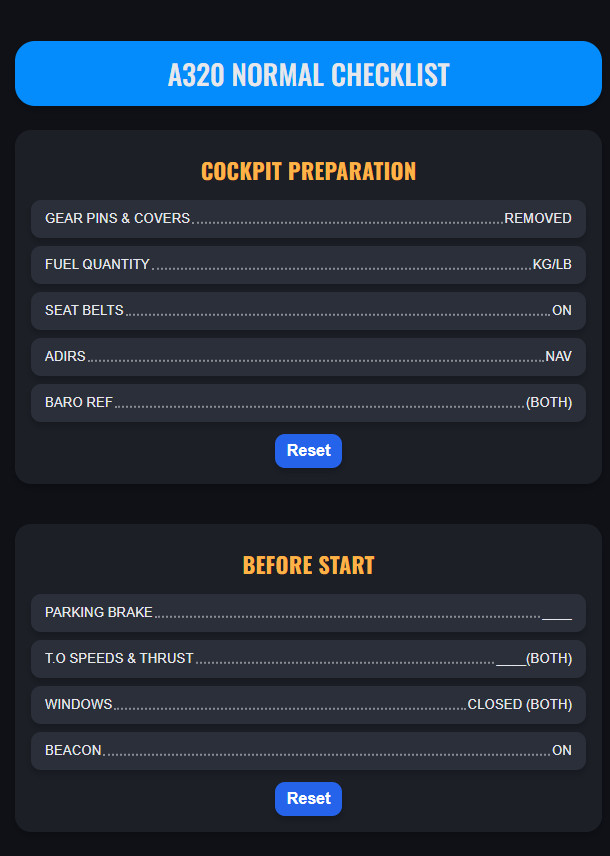 A320 FCOM Based Preliminary Cockpit Preparation & Checklist (FBW or ...