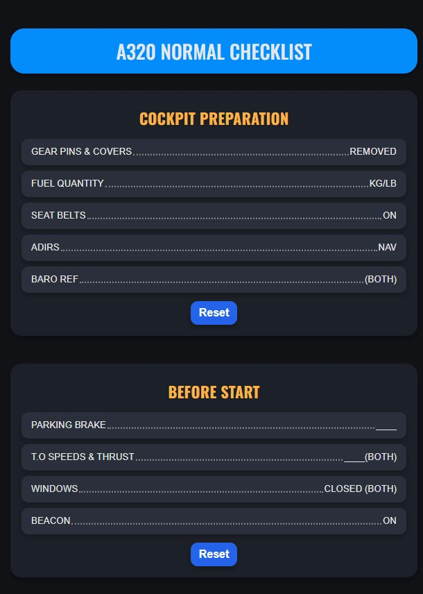 A320 FCOM Based Preliminary Cockpit Preparation & Checklist (FBW or Fenix) (clickable) for ...