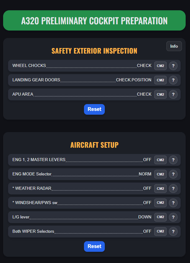 A320 FCOM Based Preliminary Cockpit Preparation & Checklist (FBW or Fenix) (clickable) dla ...