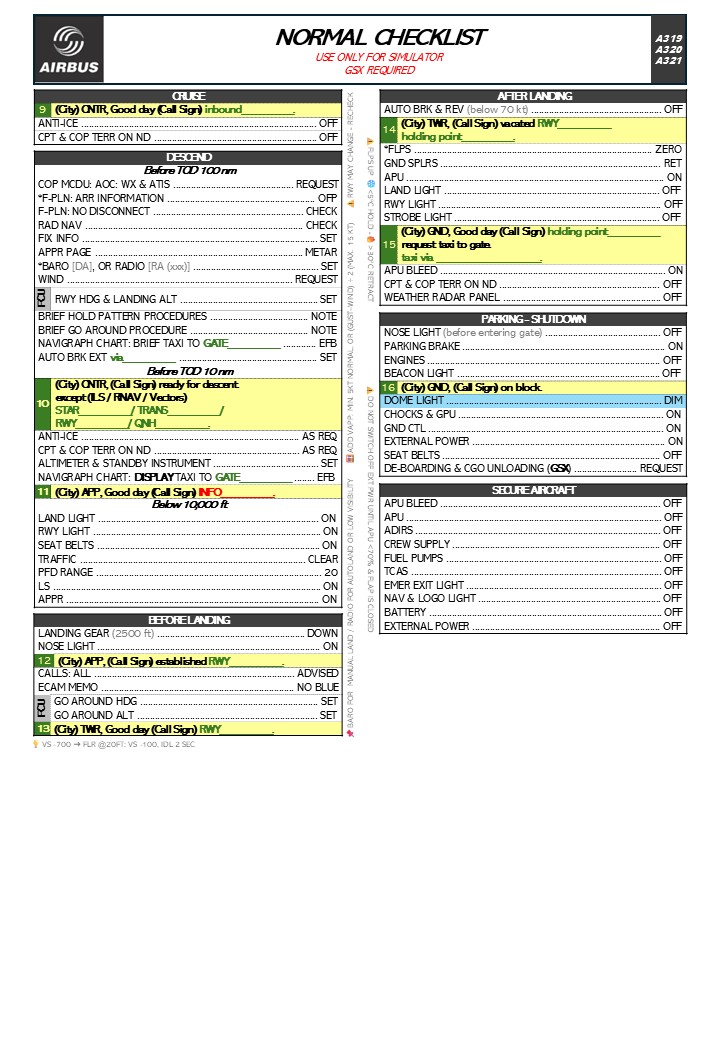 A320 Normal Checklist voor Microsoft Flight Simulator | MSFS