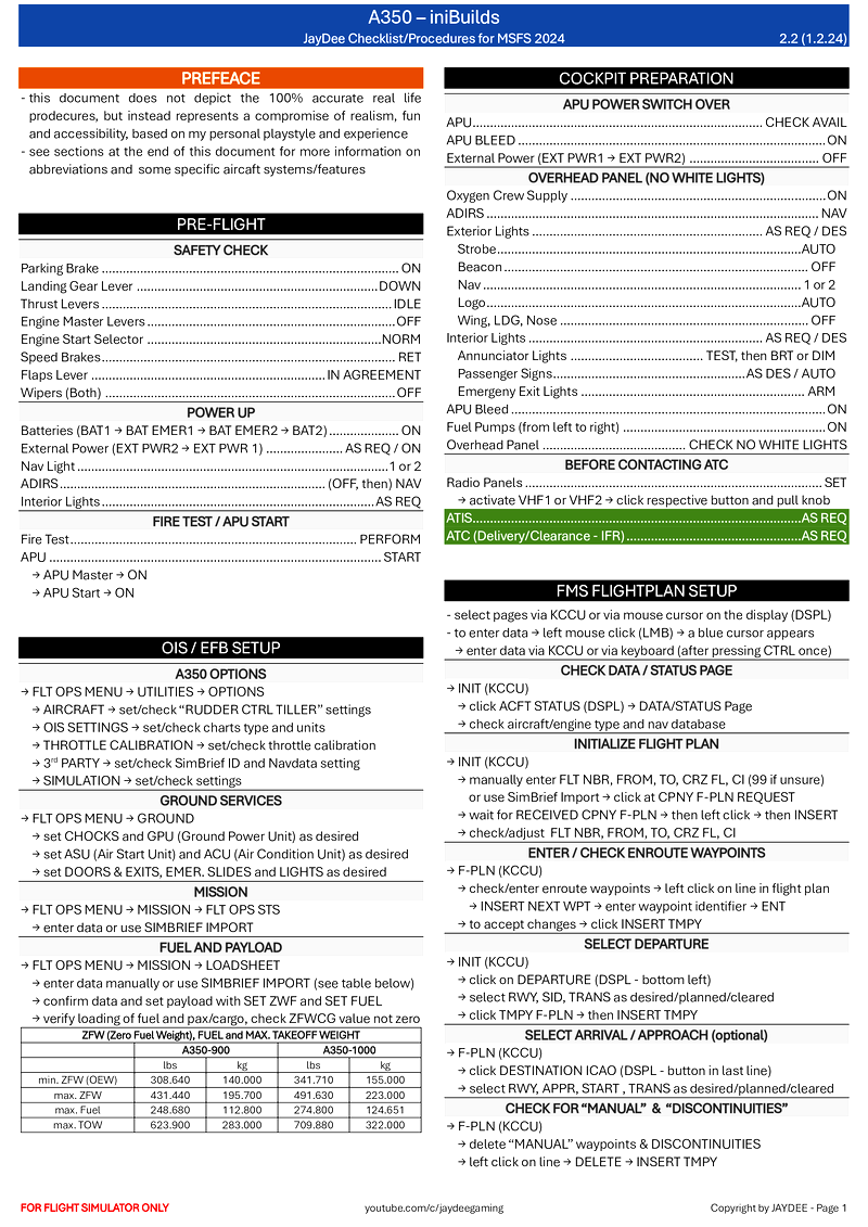A350 - JayDee Checklist & Procedures for Microsoft Flight Simulator | Feed
