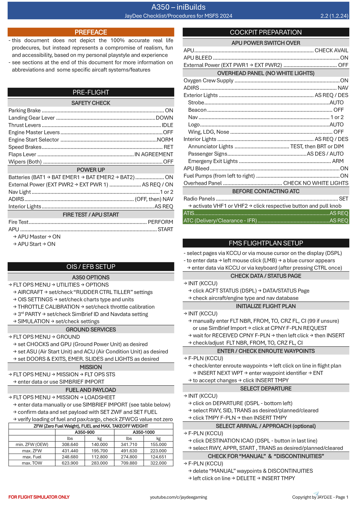 A350 - JayDee Checklist & Procedures für Microsoft Flight Simulator | MSFS