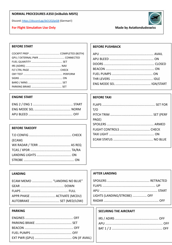 A350 Checklist pour Microsoft Flight Simulator | MSFS