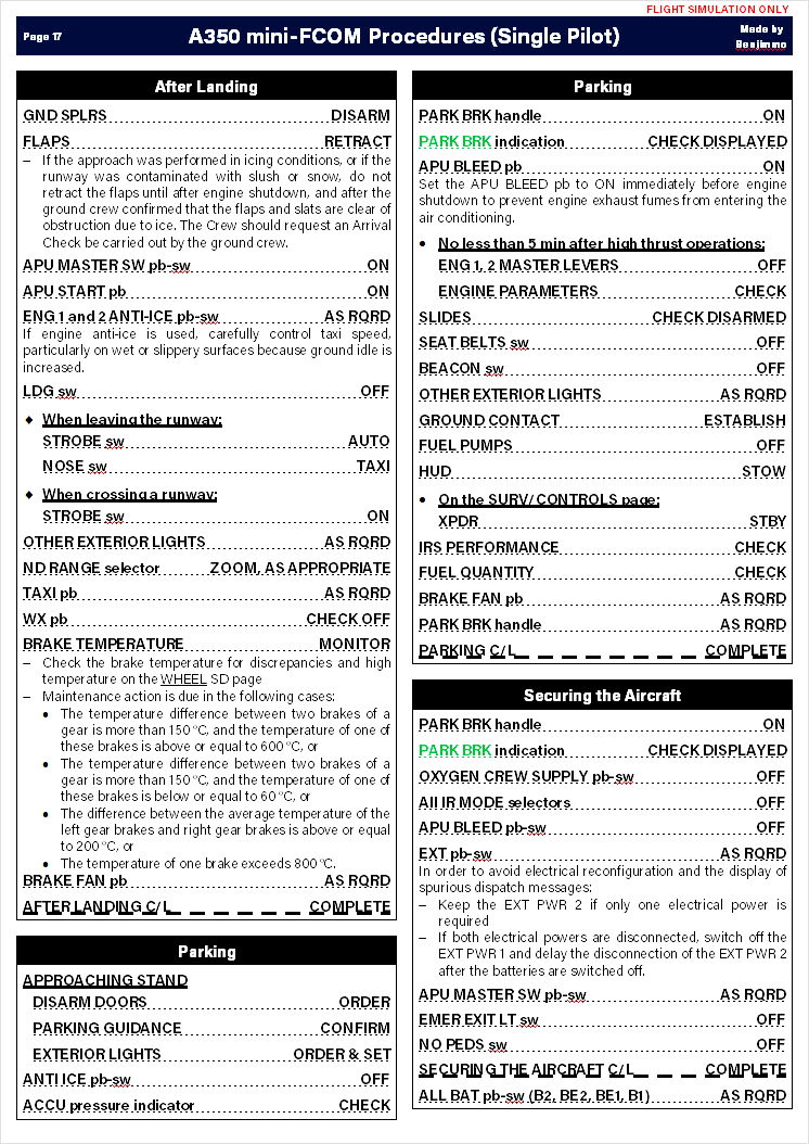 A350 mini-FCOM / Checklist Single Pilot Procedures for Microsoft Flight ...
