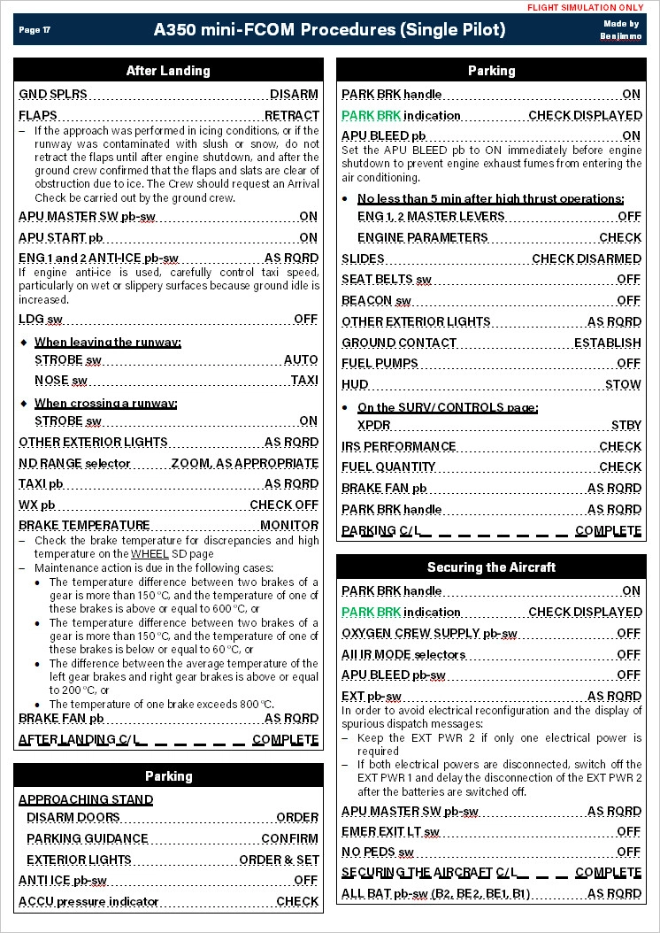 A350 mini-FCOM / Checklist Single Pilot Procedures for Microsoft Flight ...