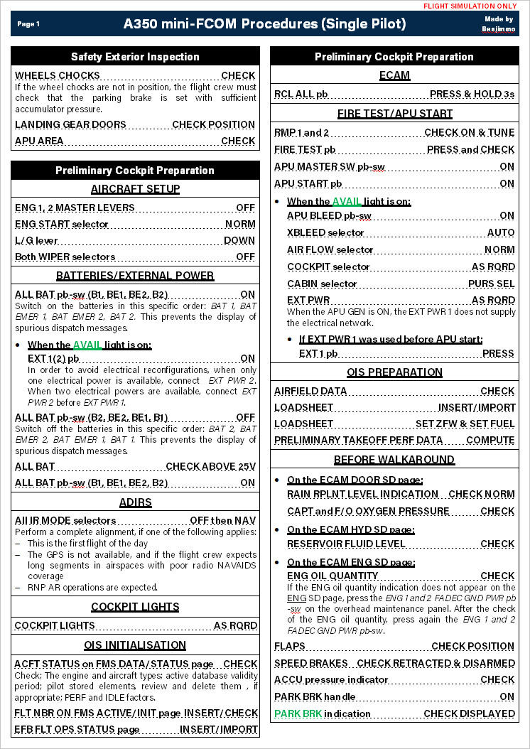 A350 mini-FCOM / Checklist Single Pilot Procedures para Microsoft ...