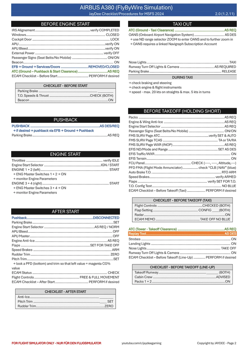 A380 FBW - JayDee Checklist & Procedures for Microsoft Flight Simulator ...