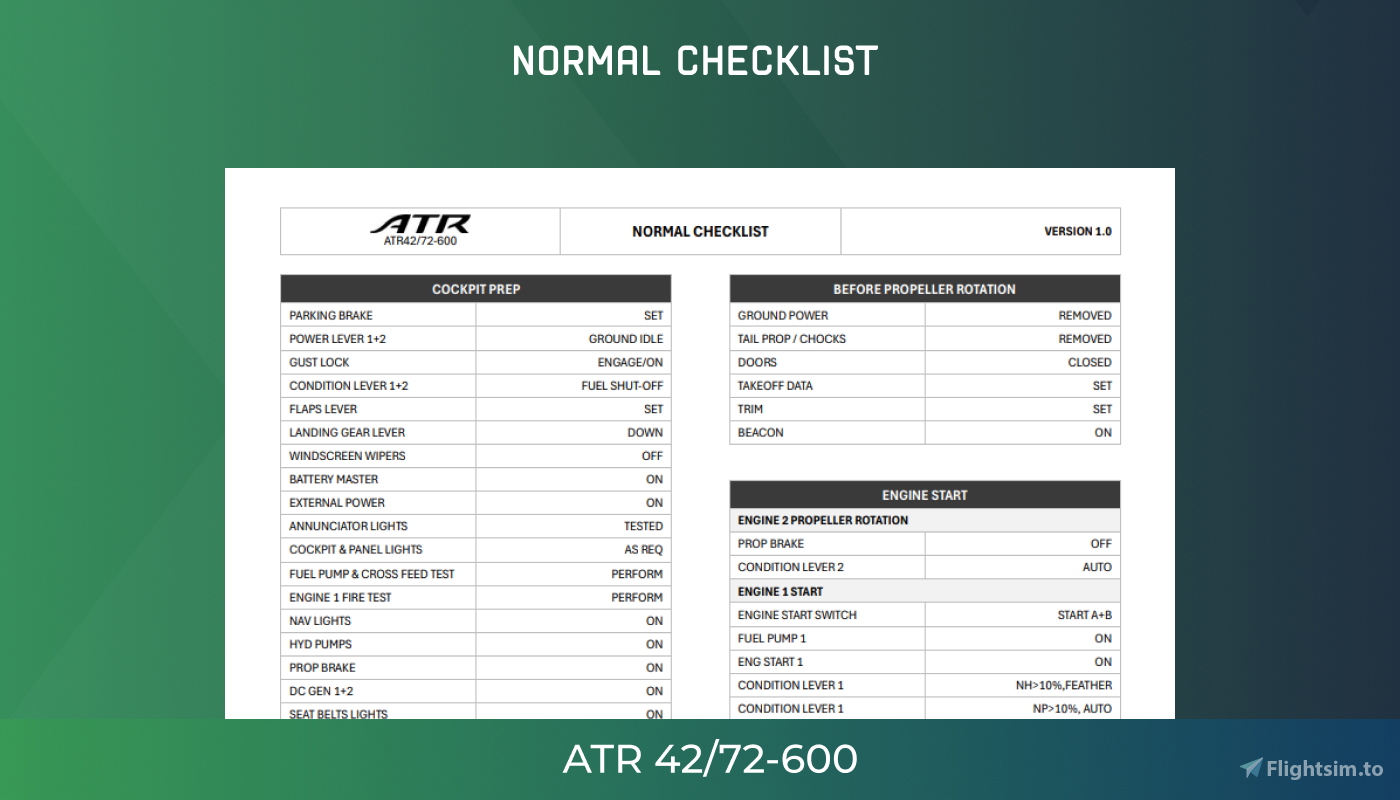 ATR 42/72-600 Checklist のために Microsoft Flight Simulator | MSFS