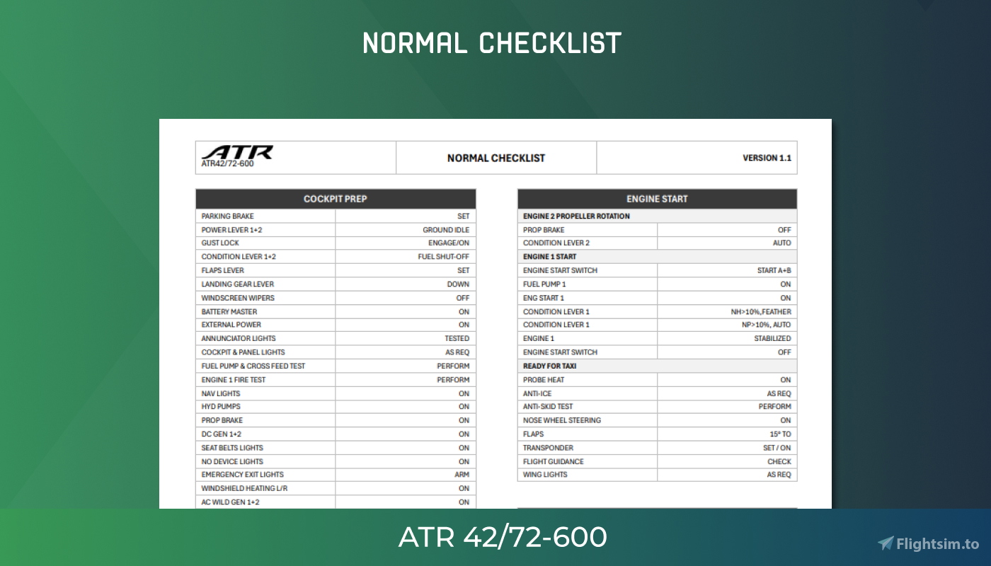 ATR 42/72-600 Checklist for Microsoft Flight Simulator | MSFS