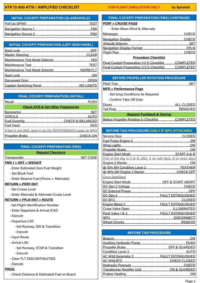 ATR 72-600 Amplified Checklist for Microsoft Flight Simulator | MSFS